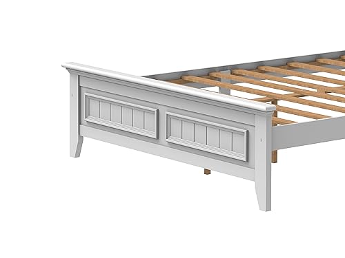 Modern Queen Size Platform Bed with Headboard ,Solid Wood Queen Bed Frame with Embellish Details,Bolivar Series Design,Country Queen Bed with Wooden Slat Support for Bedroom, White