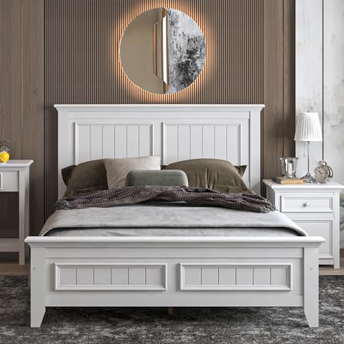 Modern Queen Size Platform Bed with Headboard ,Solid Wood Queen Bed Frame with Embellish Details,Bolivar Series Design,Country Queen Bed with Wooden Slat Support for Bedroom, White