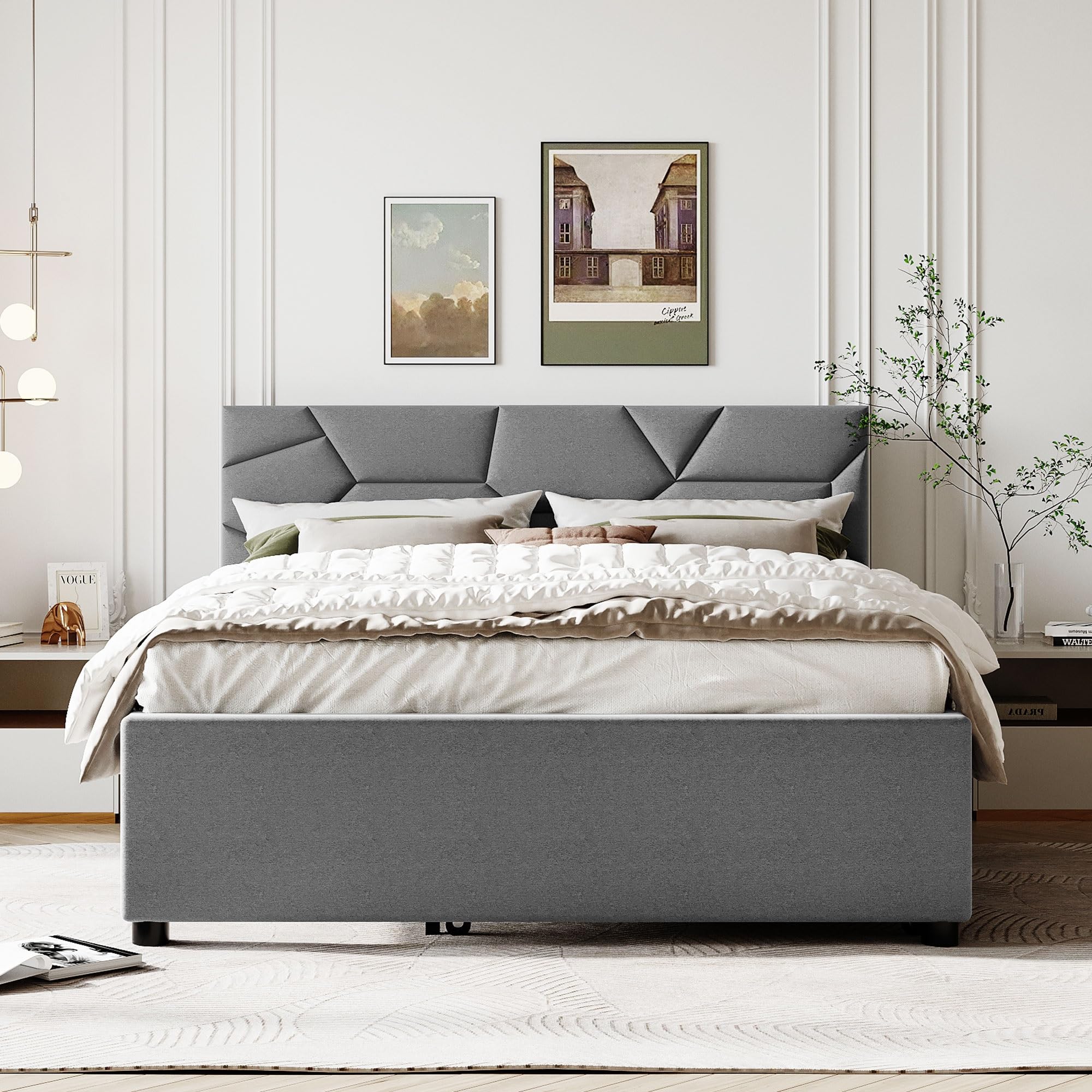 GJHOME Queen Size Upholstered Platform Bed Frame for Boys Girls Kids Adults Toddler with Brick Pattern Headboard and Twin XL Size Trundle, Linen Fabric, Gray