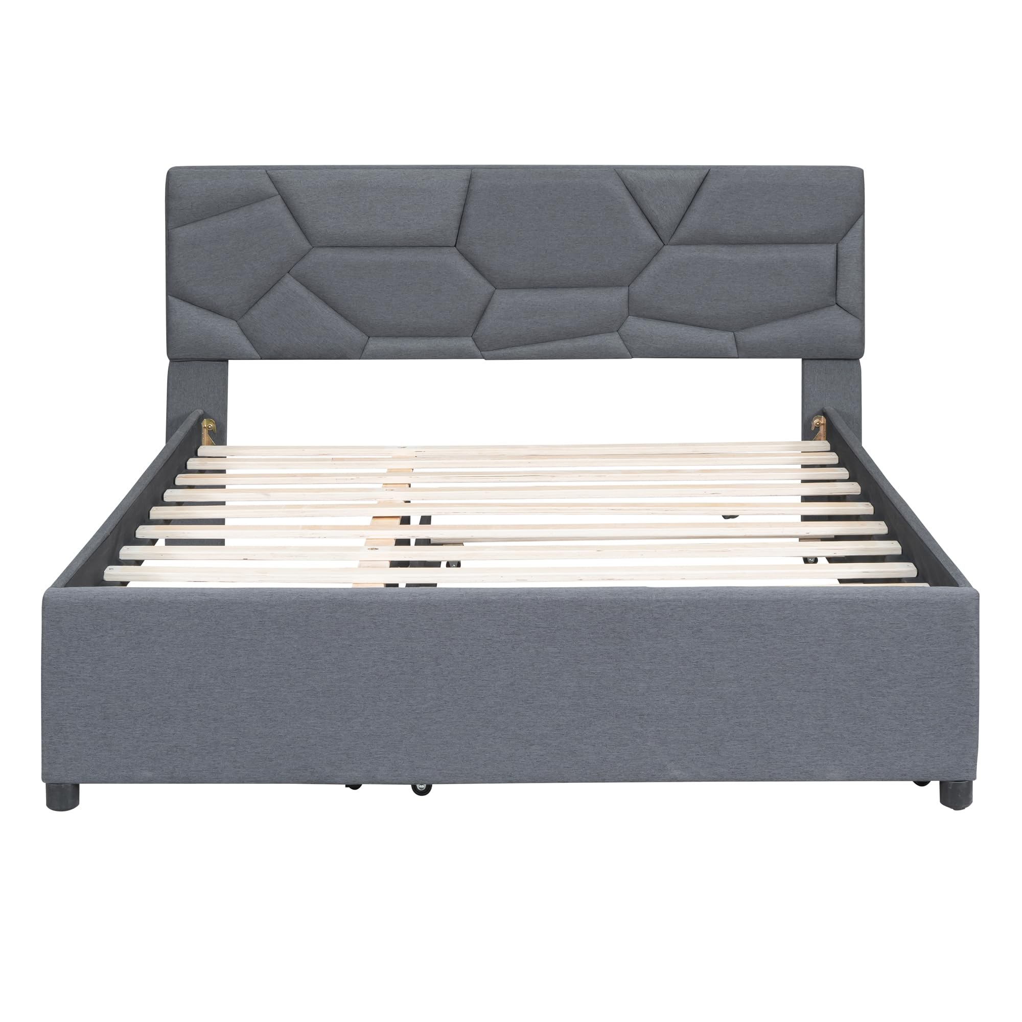 GJHOME Queen Size Upholstered Platform Bed Frame for Boys Girls Kids Adults Toddler with Brick Pattern Headboard and Twin XL Size Trundle, Linen Fabric, Gray