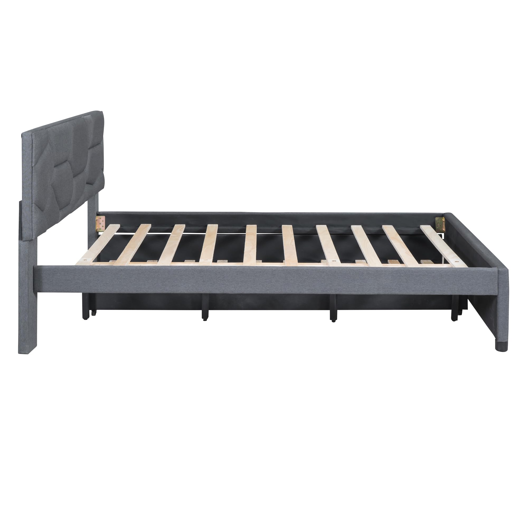 GJHOME Queen Size Upholstered Platform Bed Frame for Boys Girls Kids Adults Toddler with Brick Pattern Headboard and Twin XL Size Trundle, Linen Fabric, Gray
