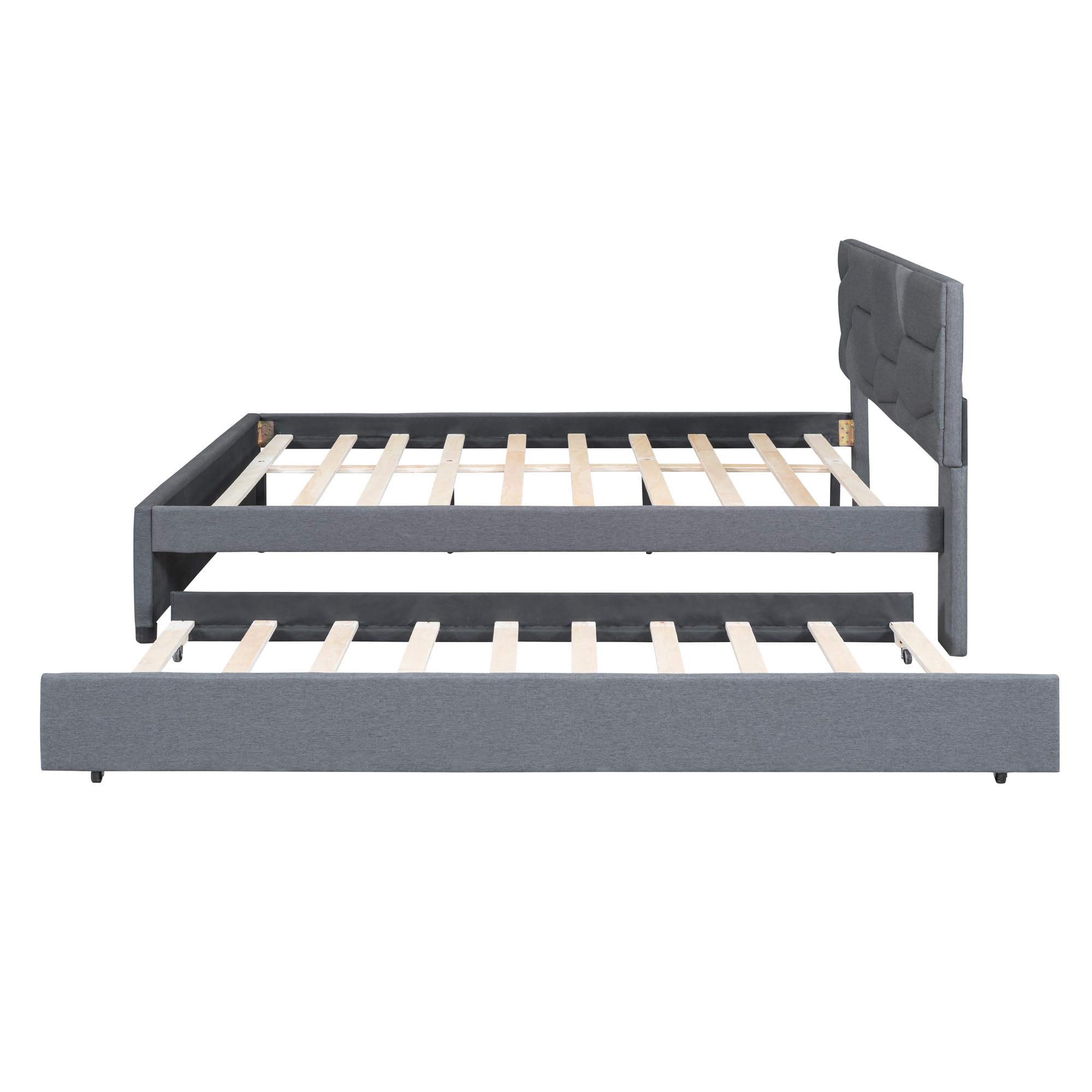 GJHOME Queen Size Upholstered Platform Bed Frame for Boys Girls Kids Adults Toddler with Brick Pattern Headboard and Twin XL Size Trundle, Linen Fabric, Gray