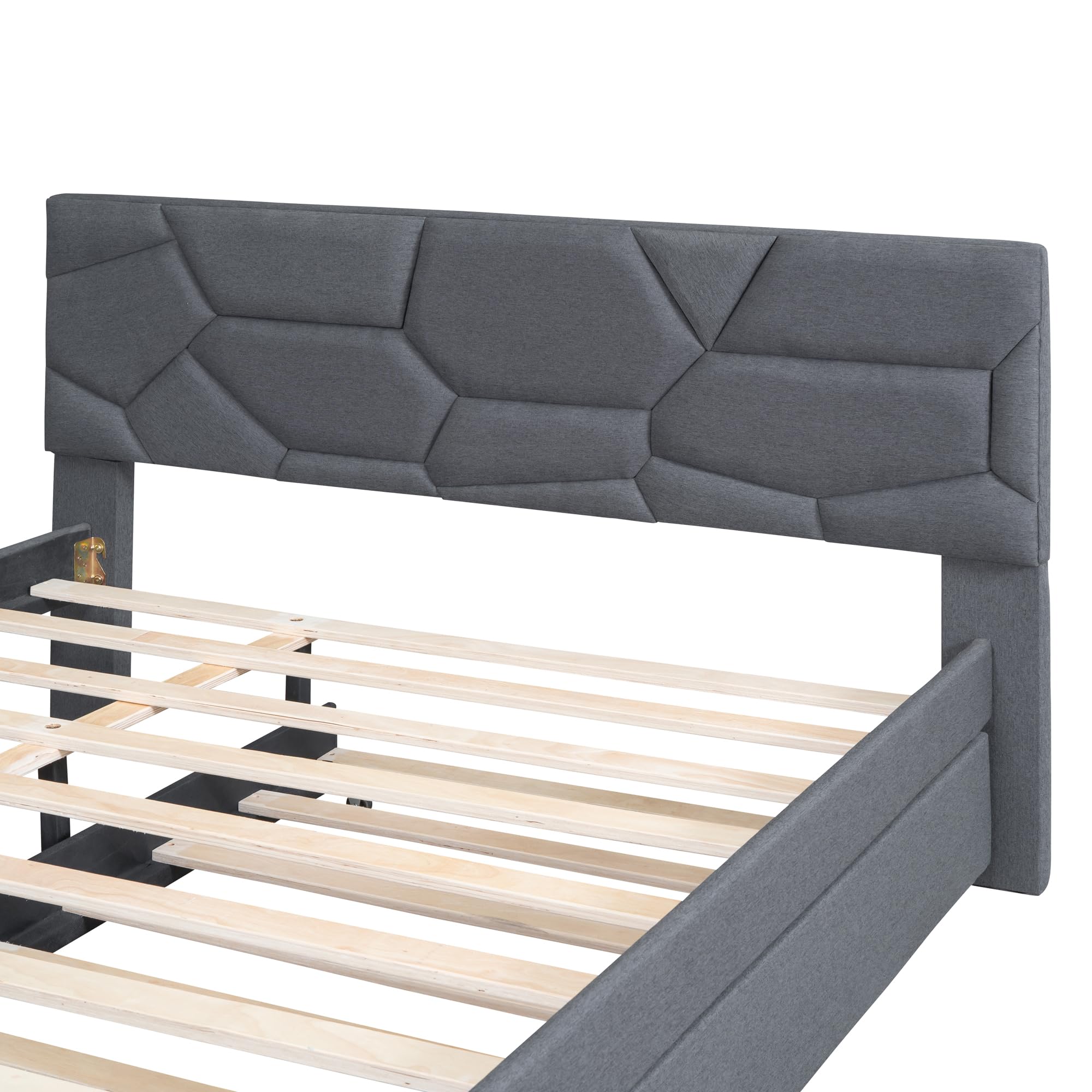 GJHOME Queen Size Upholstered Platform Bed Frame for Boys Girls Kids Adults Toddler with Brick Pattern Headboard and Twin XL Size Trundle, Linen Fabric, Gray