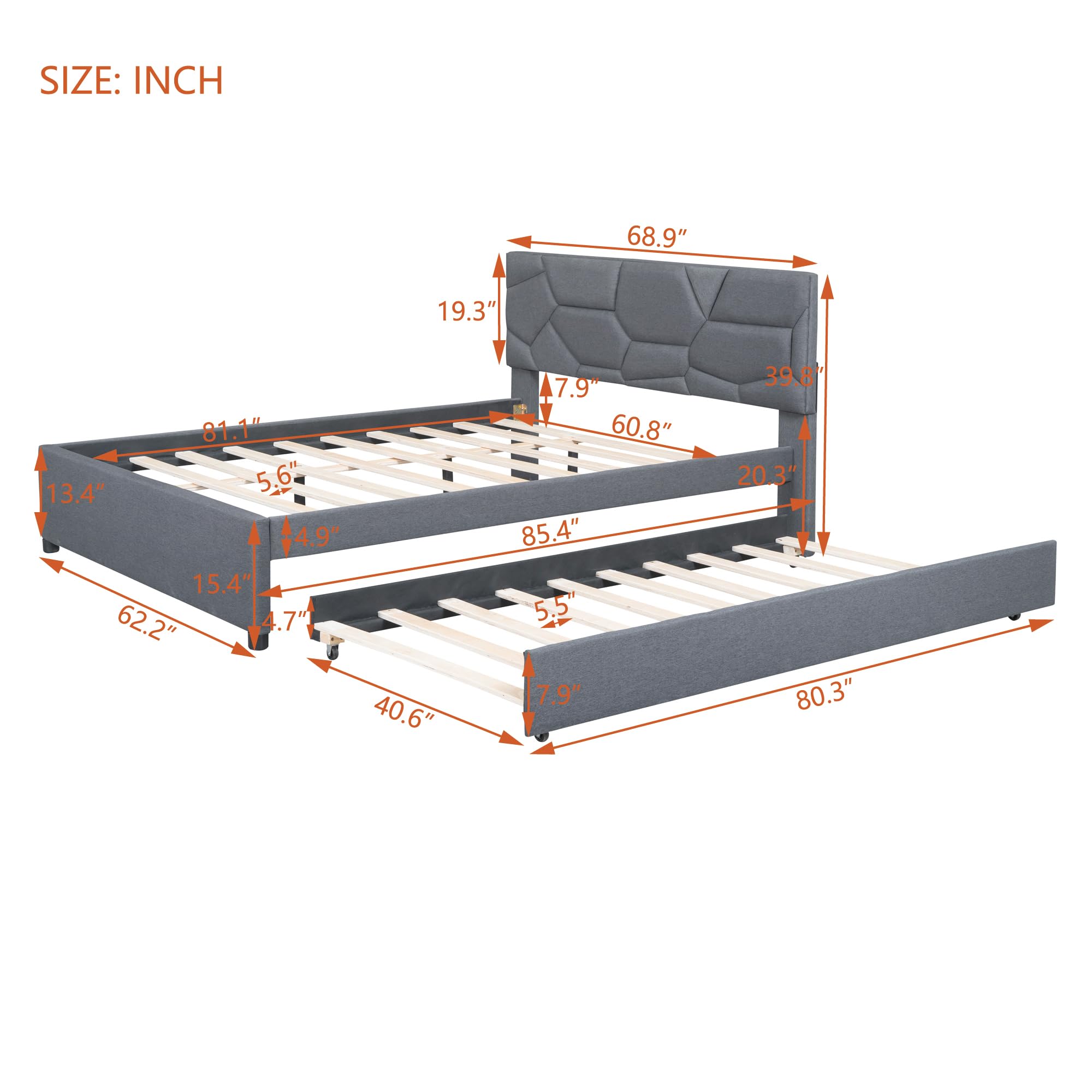 GJHOME Queen Size Upholstered Platform Bed Frame for Boys Girls Kids Adults Toddler with Brick Pattern Headboard and Twin XL Size Trundle, Linen Fabric, Gray