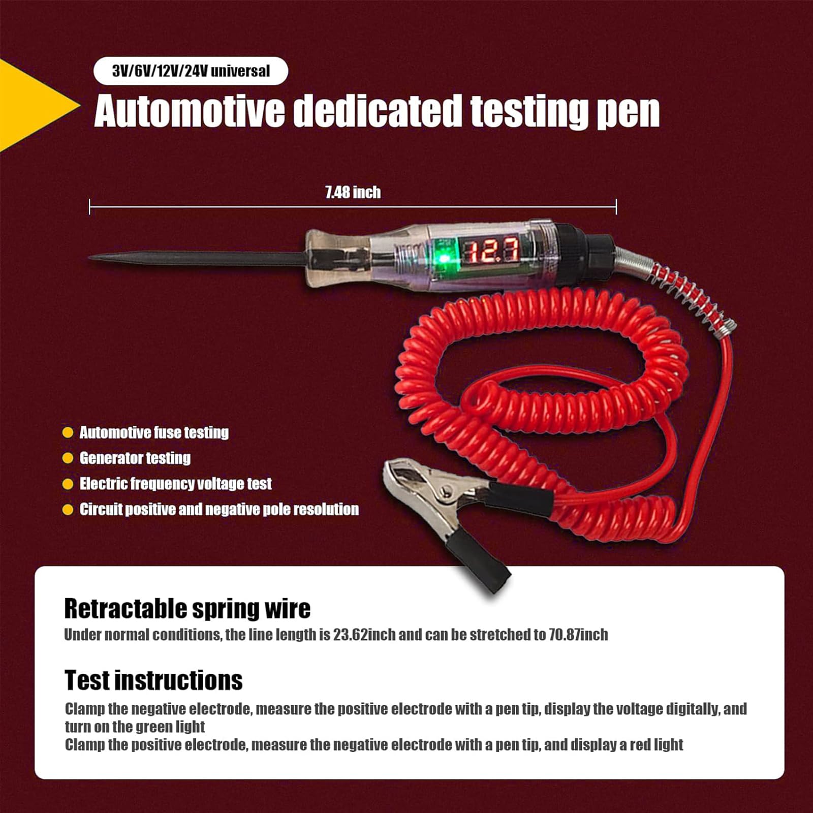 Slykew Pack-1 Automotive Test Light Digital LED Circuit Tester with 70.8 Inches Retractable Spring Wire, DC 3V/6V/12V/24V Inductive Test Pen, Suitable Checking Vehicle Car Truck Motorcycle