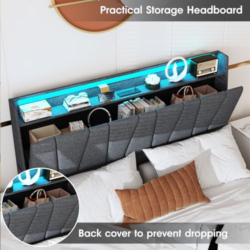 LED Queen Size Bed Frame with Storage Headboard and Charging Station,Upholstered Platform Bed with 3 Storage Drawers,Queen Bed Frame with LED Lights,No Box Spring,Noise-Free,Charcoal Gray