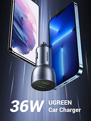 UGREEN USB Car Charger Adapter 36W - Dual USB Car Charger Fast Charging, Cigarette Lighter Adapter Compatible with iPhone 14/13/12/11/SE/XR/X/XS, Galaxy S22/S21/S20/S10/Note 20, Pixel 5/4/3