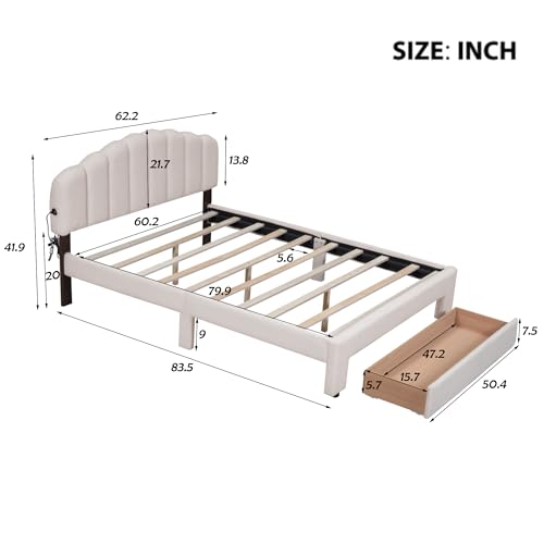 HAUSHECK Upholstered Bed Frame Queen Size with Teddy Fleece Headboard, Big Drawer, Smart LED Lights and 2 USB Ports, Modern Queen Platform Bed Frame w/Wooden Slats Support, No Box Spring Needed