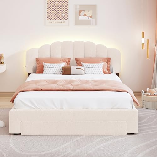 HAUSHECK Upholstered Bed Frame Queen Size with Teddy Fleece Headboard, Big Drawer, Smart LED Lights and 2 USB Ports, Modern Queen Platform Bed Frame w/Wooden Slats Support, No Box Spring Needed
