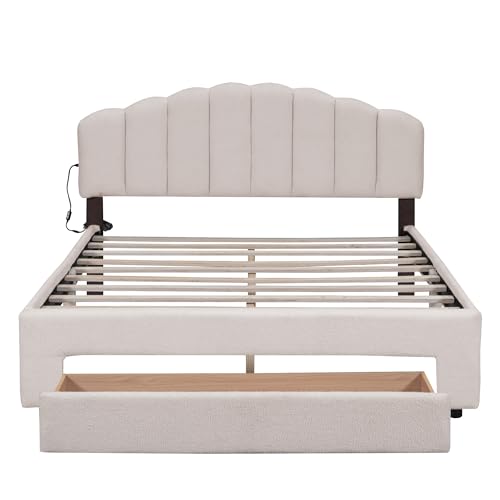 HAUSHECK Upholstered Bed Frame Queen Size with Teddy Fleece Headboard, Big Drawer, Smart LED Lights and 2 USB Ports, Modern Queen Platform Bed Frame w/Wooden Slats Support, No Box Spring Needed