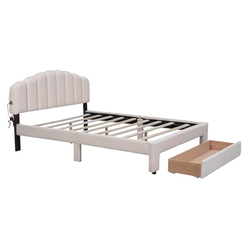 HAUSHECK Upholstered Bed Frame Queen Size with Teddy Fleece Headboard, Big Drawer, Smart LED Lights and 2 USB Ports, Modern Queen Platform Bed Frame w/Wooden Slats Support, No Box Spring Needed