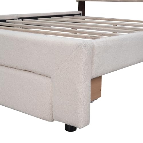 HAUSHECK Upholstered Bed Frame Queen Size with Teddy Fleece Headboard, Big Drawer, Smart LED Lights and 2 USB Ports, Modern Queen Platform Bed Frame w/Wooden Slats Support, No Box Spring Needed