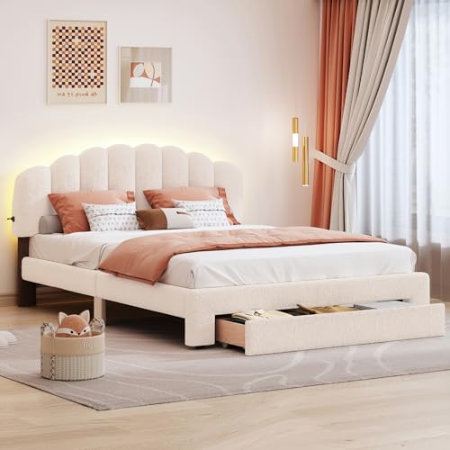 HAUSHECK Upholstered Bed Frame Queen Size with Teddy Fleece Headboard, Big Drawer, Smart LED Lights and 2 USB Ports, Modern Queen Platform Bed Frame w/Wooden Slats Support, No Box Spring Needed