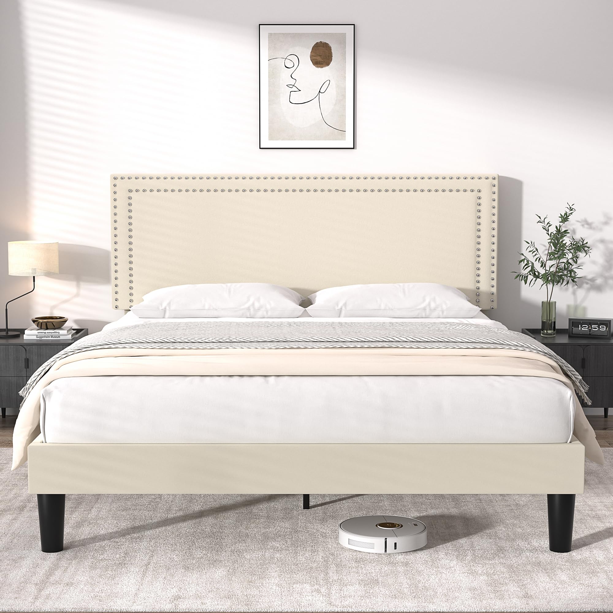 VECELO Queen Size Platform Bed Frame with Height Adjustable Upholstered Headboard, Modern Mattress Foundation,Strong Wood Slat Support, No Box Spring Needed, Easy Assembly