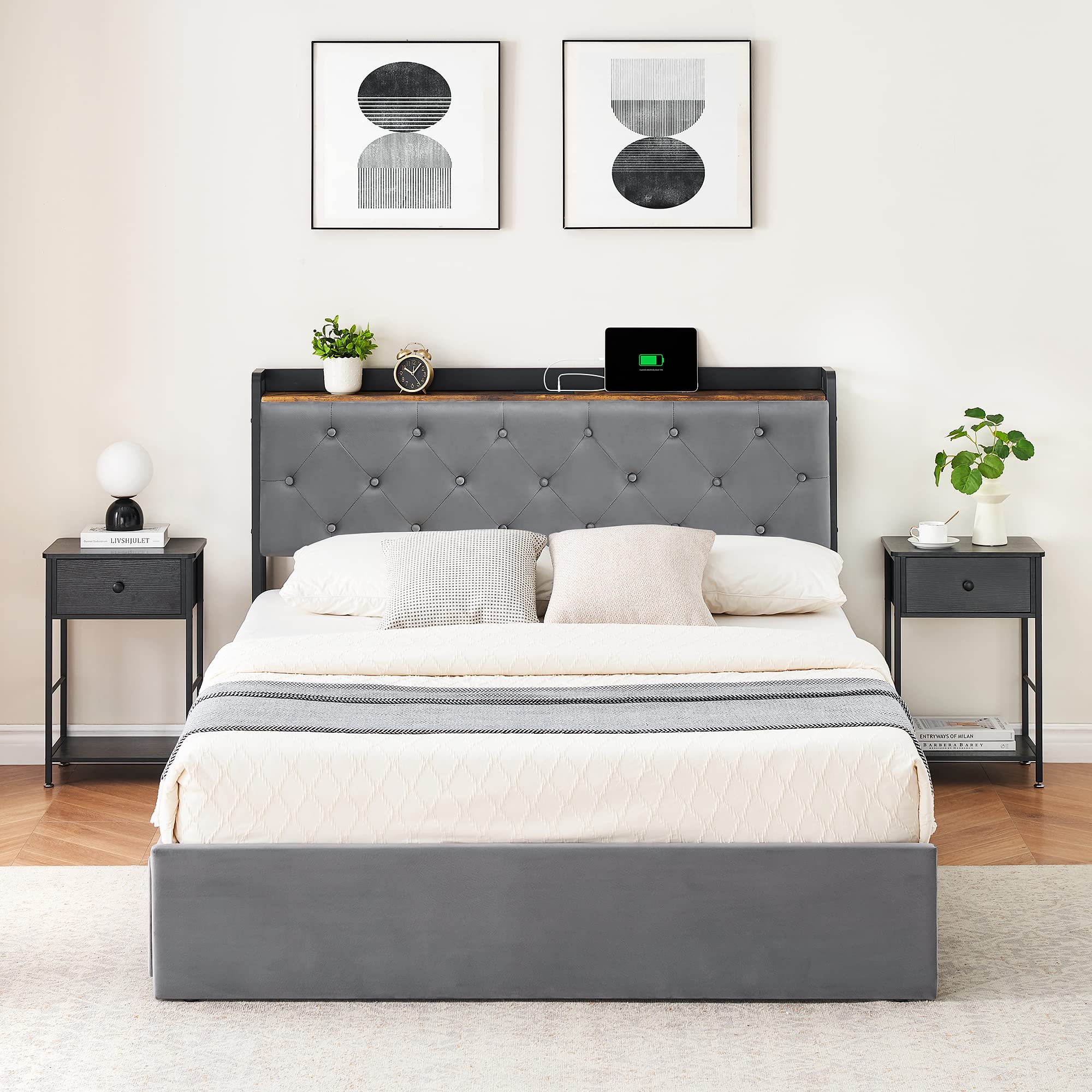 IDEALHOUSE Queen Size Bed Frame with 4 Storage Drawers and Charging Station, Upholstered Velvet Platform Bed Frame with Storage Headboard and Sturdy Wooden Slats Support, No Box Spring Needed