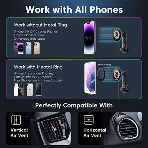 ESSAGER Compatible for Magsafe Wireless Car Mount Charger, 15W Magnetic Wireless Phone Car Charger Mount with RGB Light for Air Vent, iPhone 12 13 14