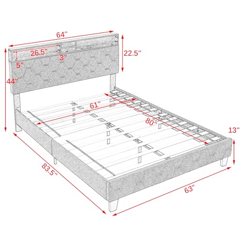 Klwenas Maec Queen Size Bed Frame,Modern Fabric Platform Bed Frame with Outlet & USB Ports,Storage Headboard,Heavy Duty Mattress Base,Wooden Slat Support,No Box Spring Needed (Beige, Queen)