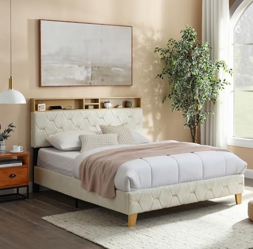 Klwenas Maec Queen Size Bed Frame,Modern Fabric Platform Bed Frame with Outlet & USB Ports,Storage Headboard,Heavy Duty Mattress Base,Wooden Slat Support,No Box Spring Needed (Beige, Queen)