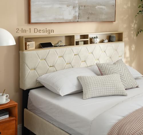 Klwenas Maec Queen Size Bed Frame,Modern Fabric Platform Bed Frame with Outlet & USB Ports,Storage Headboard,Heavy Duty Mattress Base,Wooden Slat Support,No Box Spring Needed (Beige, Queen)