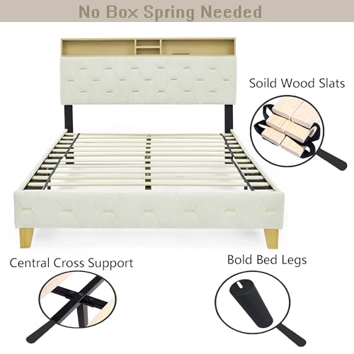 Klwenas Maec Queen Size Bed Frame,Modern Fabric Platform Bed Frame with Outlet & USB Ports,Storage Headboard,Heavy Duty Mattress Base,Wooden Slat Support,No Box Spring Needed (Beige, Queen)