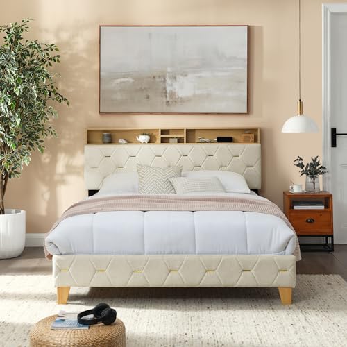Klwenas Maec Queen Size Bed Frame,Modern Fabric Platform Bed Frame with Outlet & USB Ports,Storage Headboard,Heavy Duty Mattress Base,Wooden Slat Support,No Box Spring Needed (Beige, Queen)