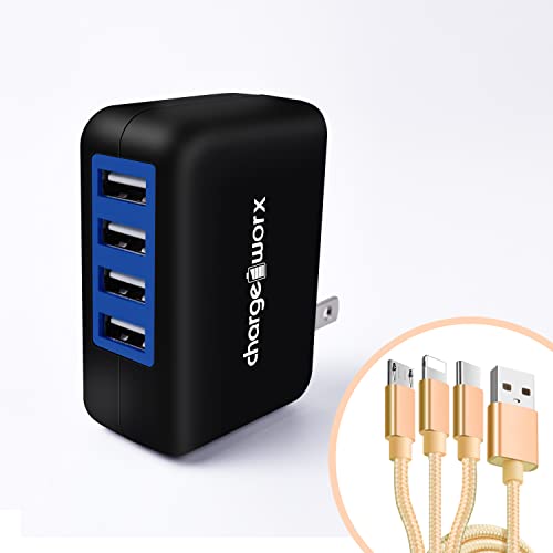 USB Charging Hub Charger Block Wall Charger USB Charger Adapter Charging Station 4 Multi Port Fast Charger Power Block with Cable for iPhone 12 Pro Max Plus Samsung Multiple Device Phone Tablet Laptop