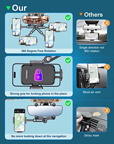 TOPGO Updated Rotatable and Retractable Car Phone Holder- Rear View Mirror Phone Holder, Upgrade Adjustable Car Phone Holder Mount for iPhone, Samsung and All Smartphones