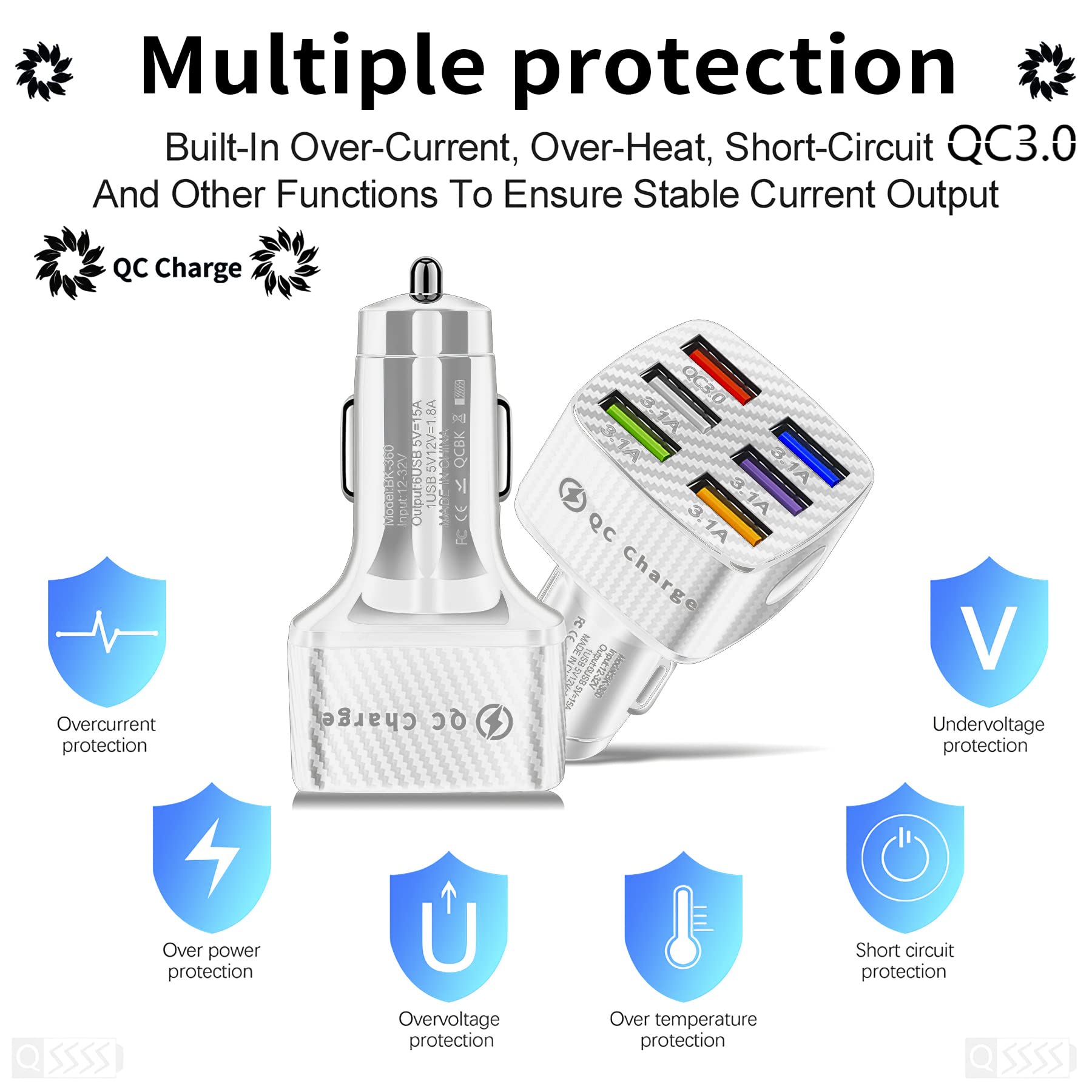 Amiss Car Charger Adapter, 6 USB Multi Port, Fast Charger, Include QC 3.0 and 5 Other Ports, Car Interior Accessories, Fit for iPhone 13/12/11/pro, Samsung Galaxy/Note S10/S9/S8 - White（2PCS）