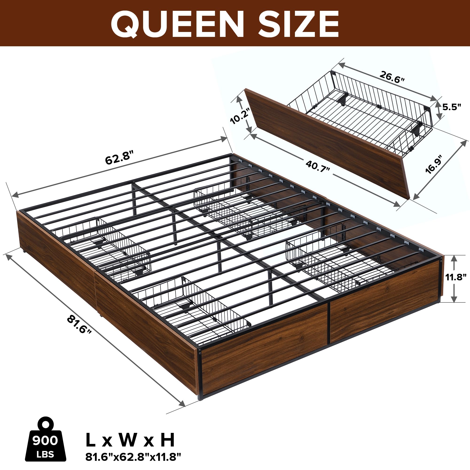 Prohon Queen Size Bed Frame with 4 Extra Large Storage Drawers on Wheels, Strong Steel Slat Support, Space-Saving Metal Platform Bed, Bedframe for Adults, Teens & Kids, No Box Spring Needed, Brown
