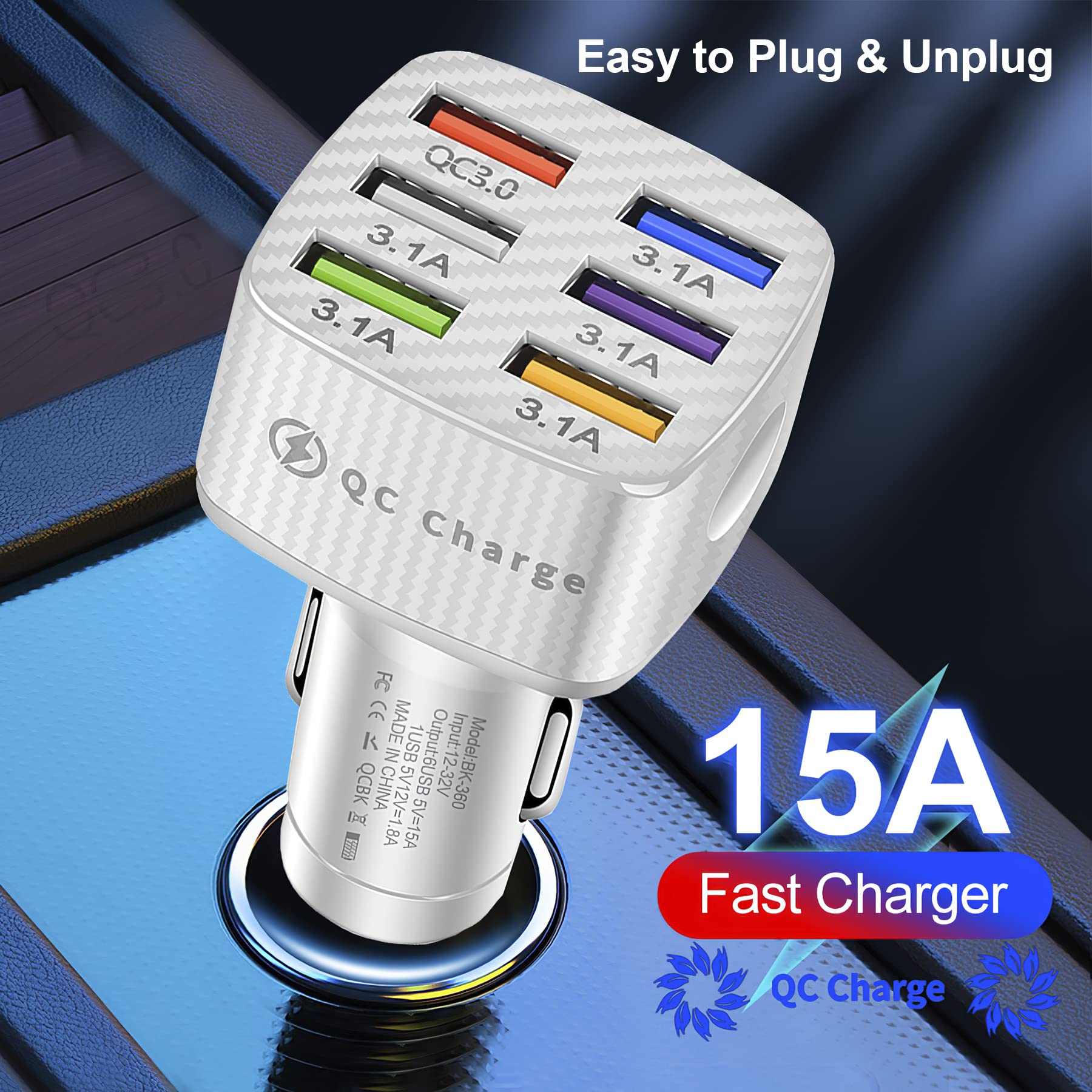 Amiss Car Charger Adapter, 6 USB Multi Port, Fast Charger, Include QC 3.0 and 5 Other Ports, Car Interior Accessories, Fit for iPhone 13/12/11/pro, Samsung Galaxy/Note S10/S9/S8 - White（2PCS）