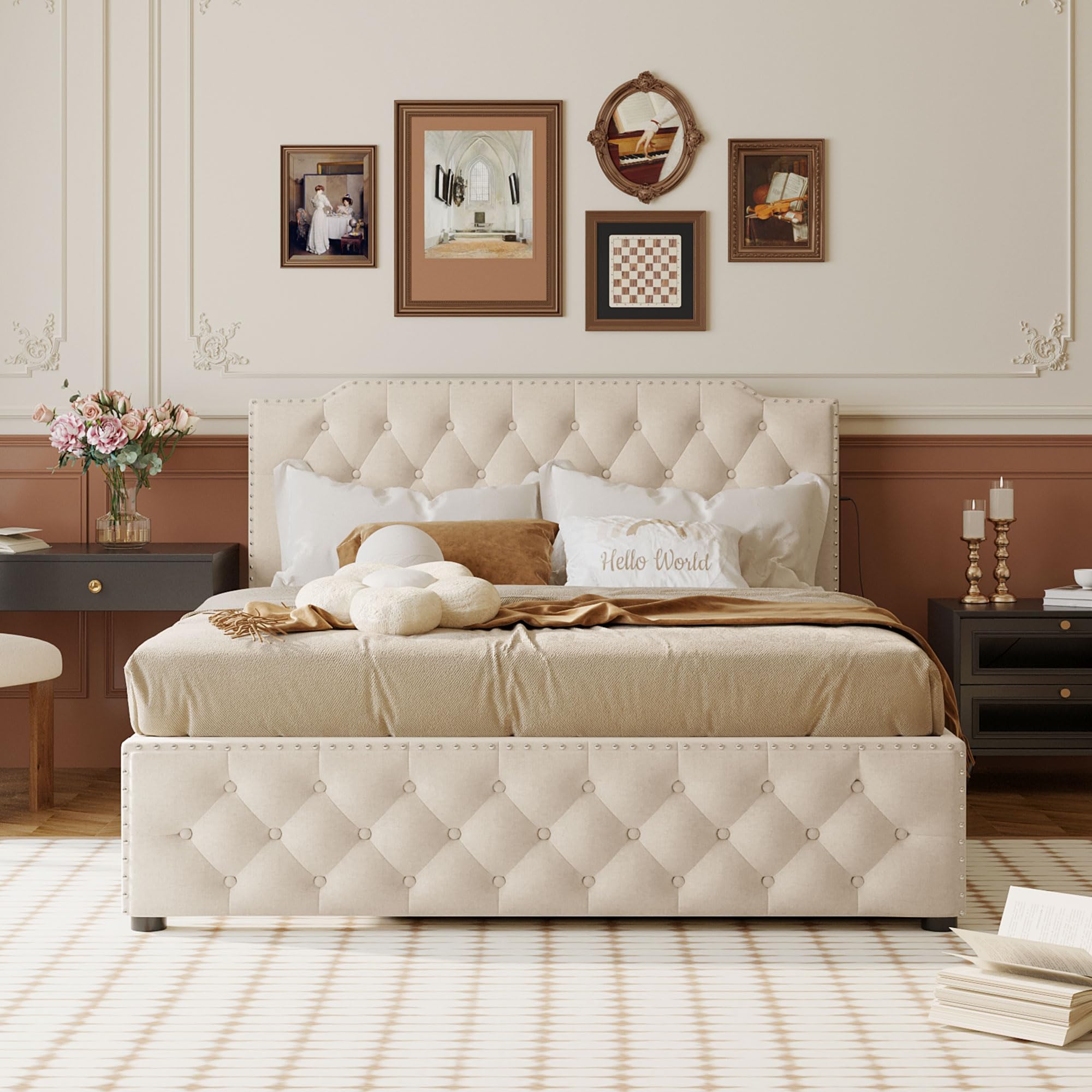 FANYHOME Queen Size Upholstered Platform Bed with Twin Size Trundle and 2 Sets of USB Ports on Each Side, Linen Fabric, Beige