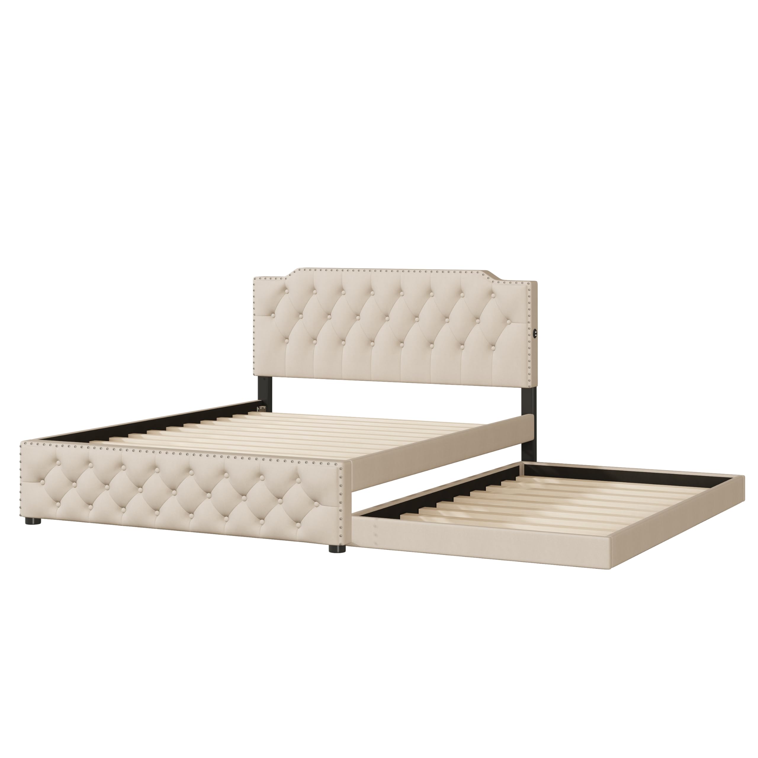 FANYHOME Queen Size Upholstered Platform Bed with Twin Size Trundle and 2 Sets of USB Ports on Each Side, Linen Fabric, Beige