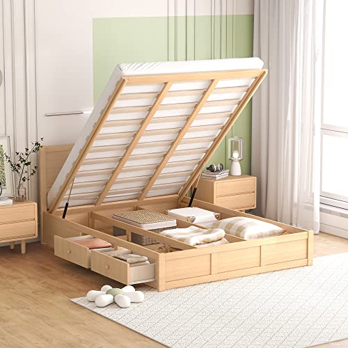 HAUSHECK Queen Size Bed Frame with Underneath Storage and 2 Drawers, Wooden Platform Bed Frame with Strong Slats Support Mattress Foundation No Box Spring Needed, Natural Color