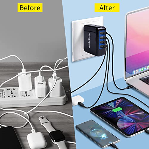 USB Charging Hub Charger Block Wall Charger USB Charger Adapter Charging Station 4 Multi Port Fast Charger Power Block with Cable for iPhone 12 Pro Max Plus Samsung Multiple Device Phone Tablet Laptop