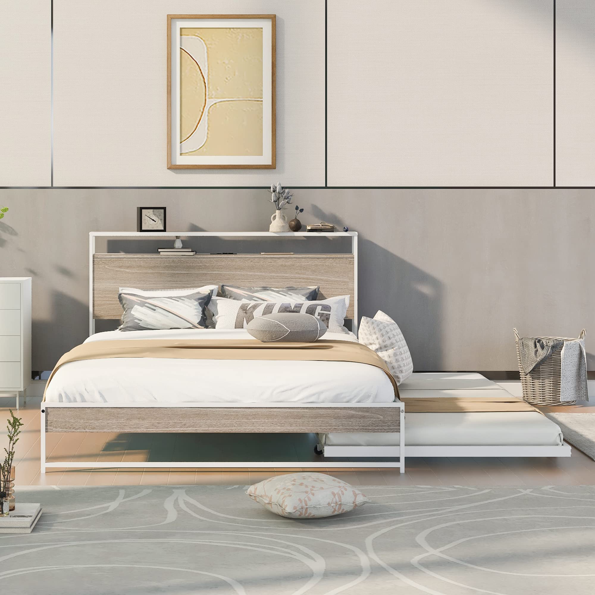 SOFTSEA Queen Size Metal Platform Bed Frame with Trundle, Metal Bed Frame with USB Ports, Queen Trundle Bed with Storage Headboard Metal Panel Bed with Shelf for Bedroom Guestroom, White