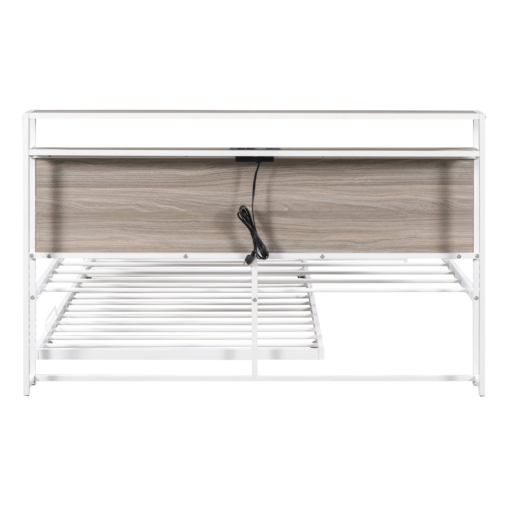 SOFTSEA Queen Size Metal Platform Bed Frame with Trundle, Metal Bed Frame with USB Ports, Queen Trundle Bed with Storage Headboard Metal Panel Bed with Shelf for Bedroom Guestroom, White