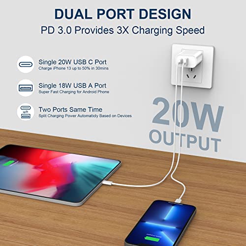 [Apple MFi Certified] iPhone Fast Charger, 20W PD + QC 3.0 Dual Port USB C Wall Charger Plug with 10FT Extra Long USB C to Lightning Fast Charging Data Sync Cord for iPhone 13 12 11 XS XR X 8 iPad