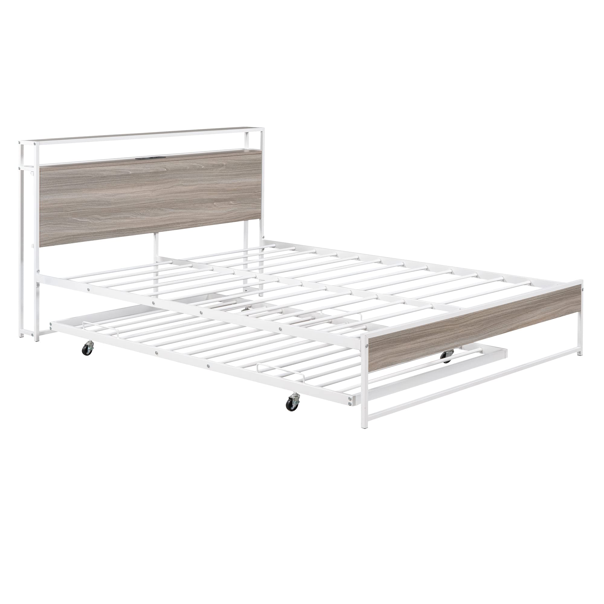 SOFTSEA Queen Size Metal Platform Bed Frame with Trundle, Metal Bed Frame with USB Ports, Queen Trundle Bed with Storage Headboard Metal Panel Bed with Shelf for Bedroom Guestroom, White