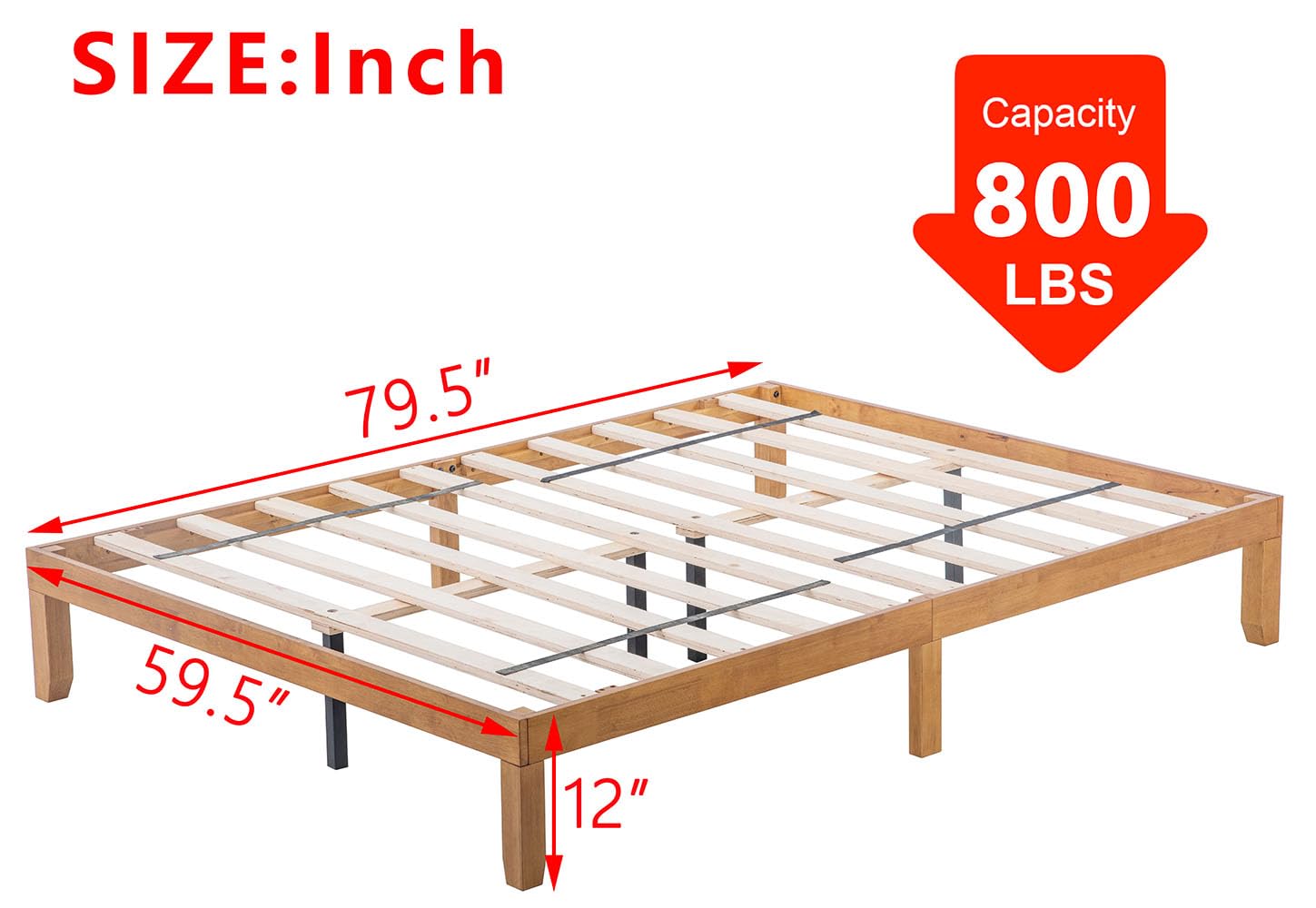 Anwick Queen Size Wood Platform Bed Frame, Classic 12 Inch High Wooden Bed with 8 Oak Legs and 6 Metal Legs,No Box Spring Needed,Easy Assembly (Queen)