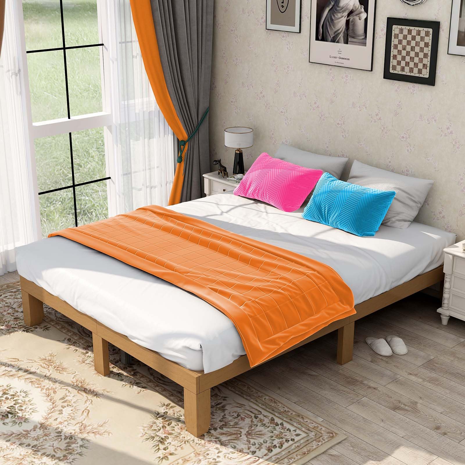 Anwick Queen Size Wood Platform Bed Frame, Classic 12 Inch High Wooden Bed with 8 Oak Legs and 6 Metal Legs,No Box Spring Needed,Easy Assembly (Queen)
