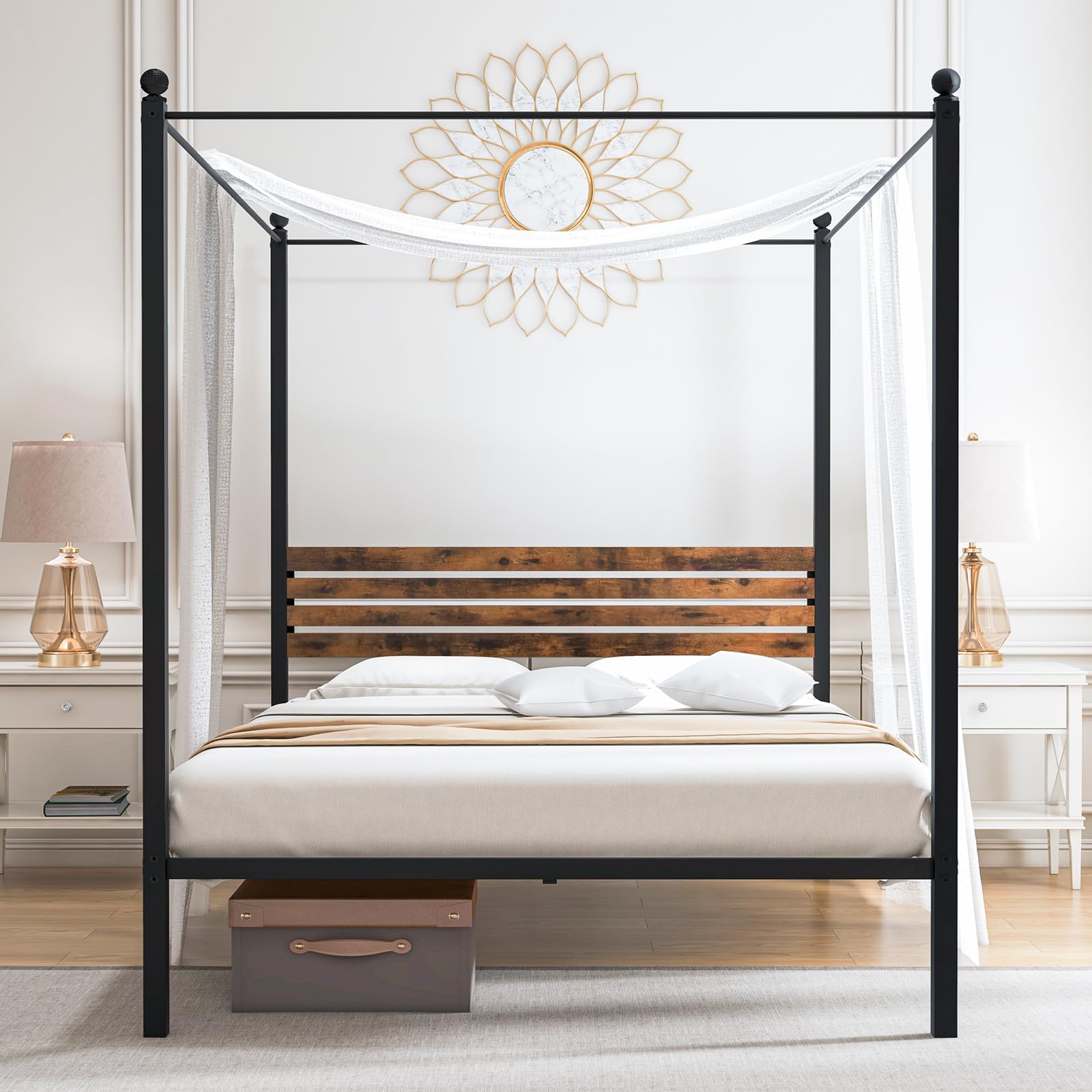 Giantex Metal Canopy Bed Frame Queen Size, 4-Poster Platform Bed with Industrial Headboard and Under Bed Storage, Heavy-Duty Mattress Foundation No Box Spring Needed, Easy Assembly, Black