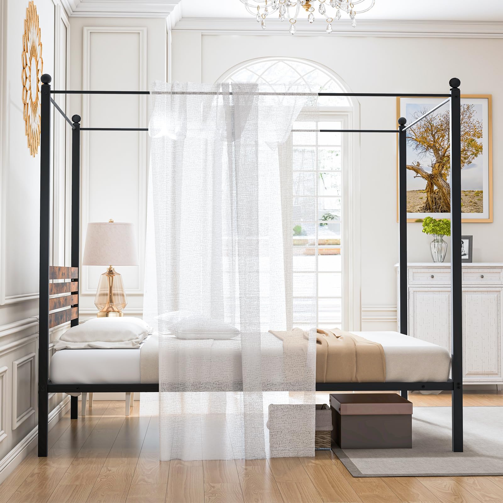 Giantex Metal Canopy Bed Frame Queen Size, 4-Poster Platform Bed with Industrial Headboard and Under Bed Storage, Heavy-Duty Mattress Foundation No Box Spring Needed, Easy Assembly, Black