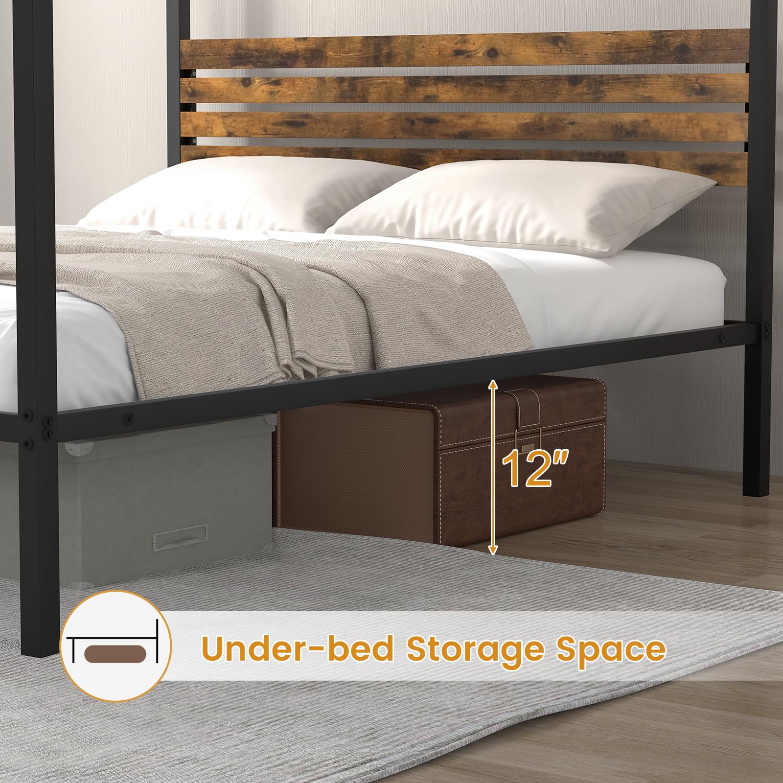 Giantex Metal Canopy Bed Frame Queen Size, 4-Poster Platform Bed with Industrial Headboard and Under Bed Storage, Heavy-Duty Mattress Foundation No Box Spring Needed, Easy Assembly, Black