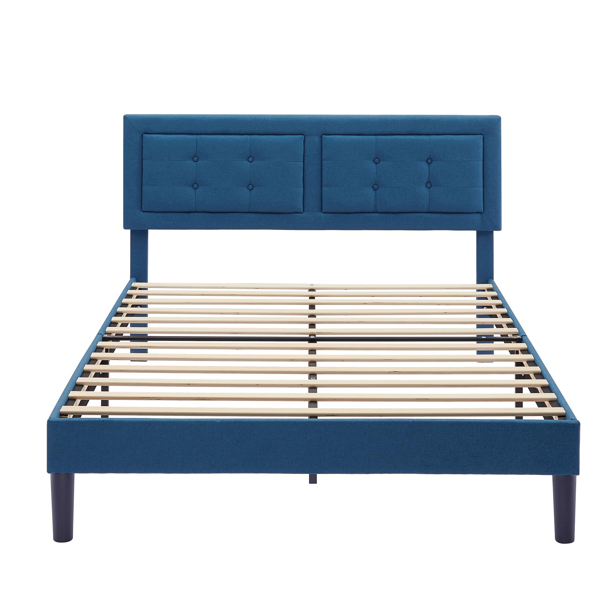 VECELO Queen Size Bed Frame with Adjustable Headboard, Upholstered Button Tufted Platform Bedframe with Wood Slats Support, No Box Spring Needed, Dark Blue