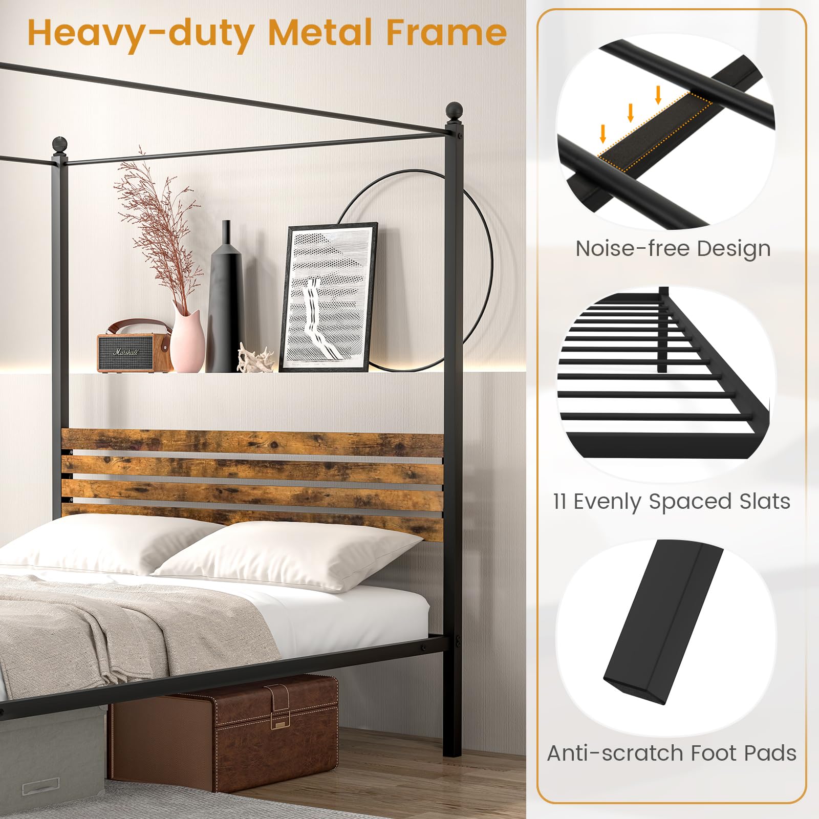 Giantex Metal Canopy Bed Frame Queen Size, 4-Poster Platform Bed with Industrial Headboard and Under Bed Storage, Heavy-Duty Mattress Foundation No Box Spring Needed, Easy Assembly, Black