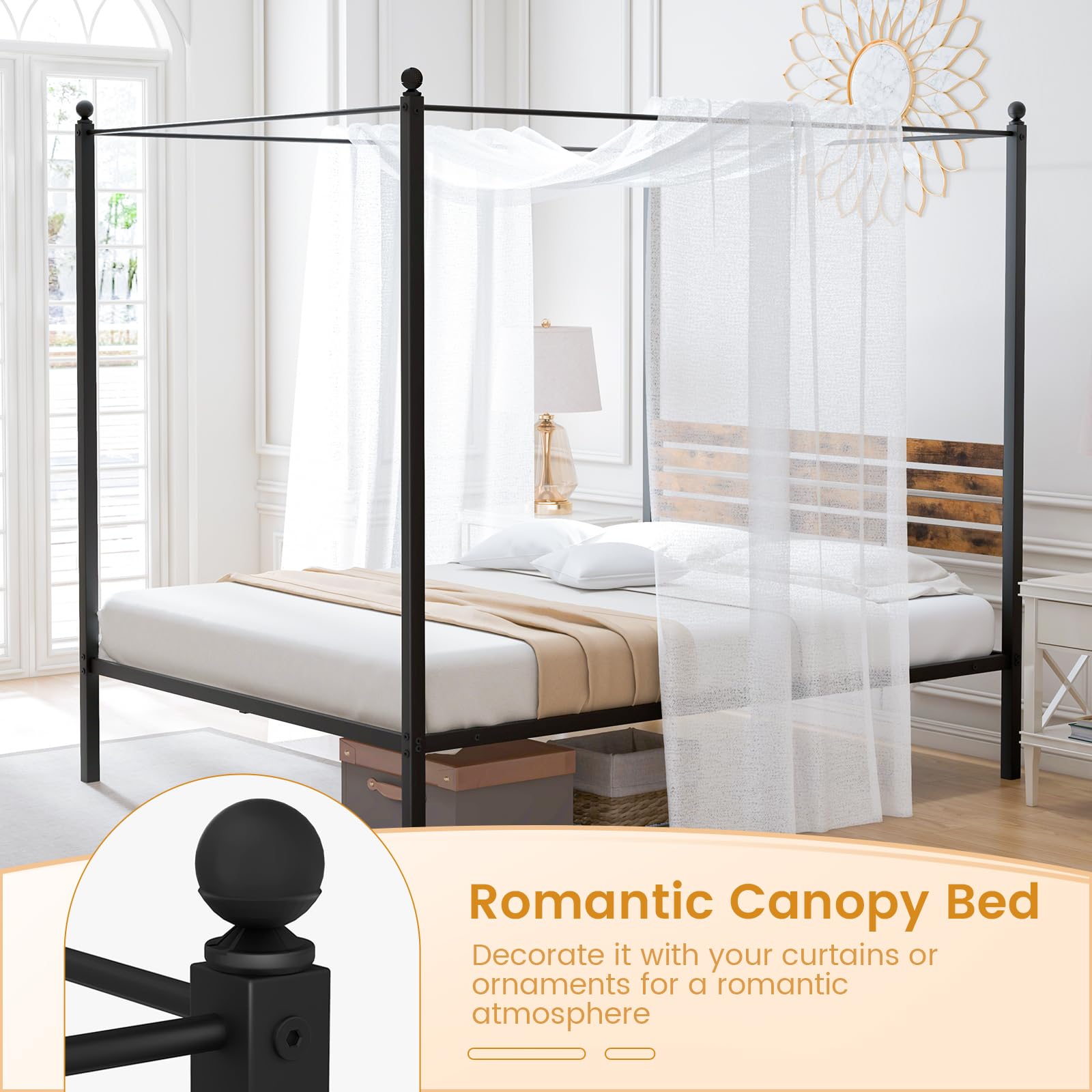 Giantex Metal Canopy Bed Frame Queen Size, 4-Poster Platform Bed with Industrial Headboard and Under Bed Storage, Heavy-Duty Mattress Foundation No Box Spring Needed, Easy Assembly, Black