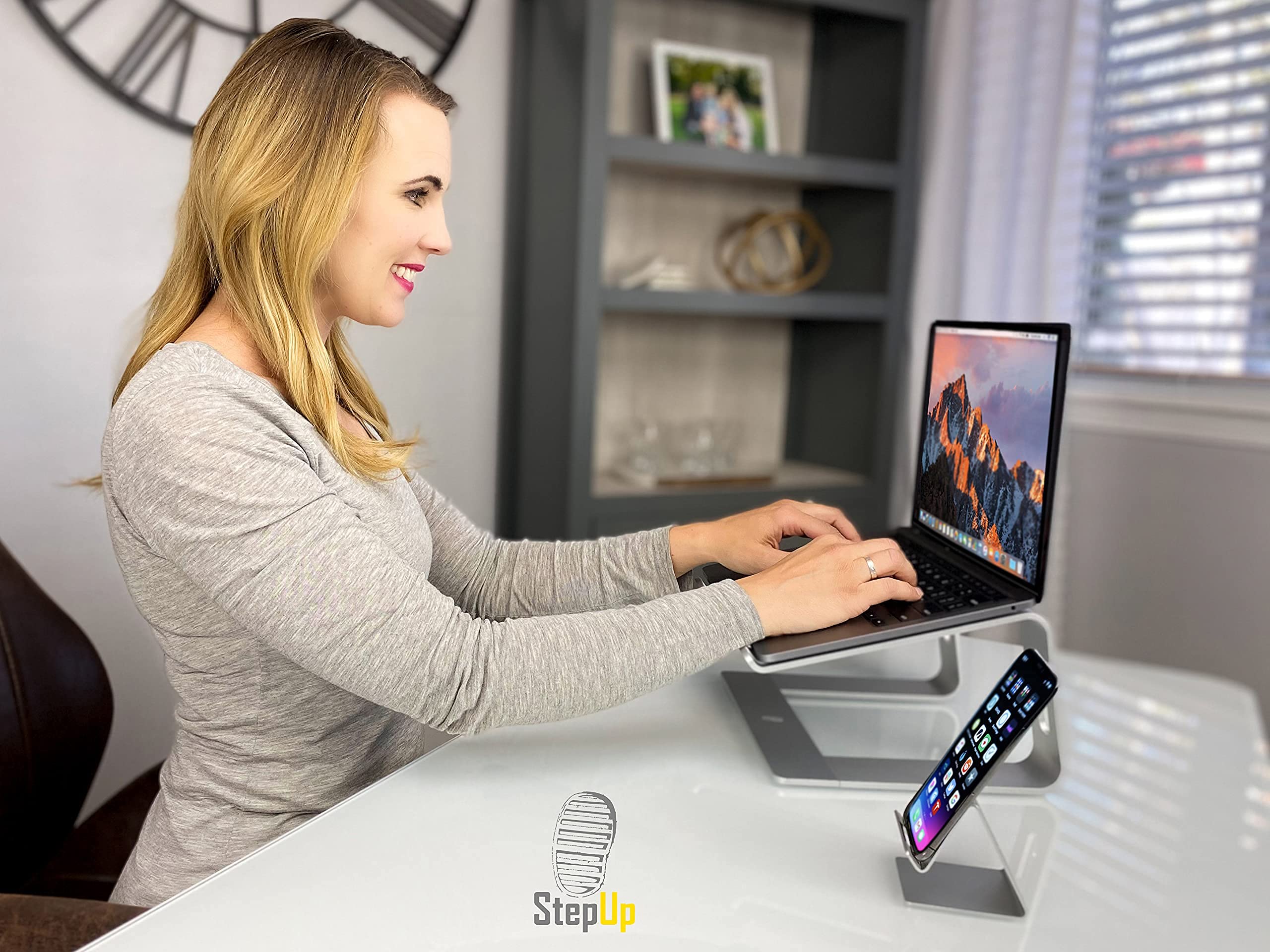 StepUp 2in1 2022 model Laptop Stand For Desk and phone Holder, Docking Ergonomic Aluminum Elevated Stands, Portable Computer Riser, Fits All Raised Devices ipad, Notebook, Macbook Pro 10-17 inch Black