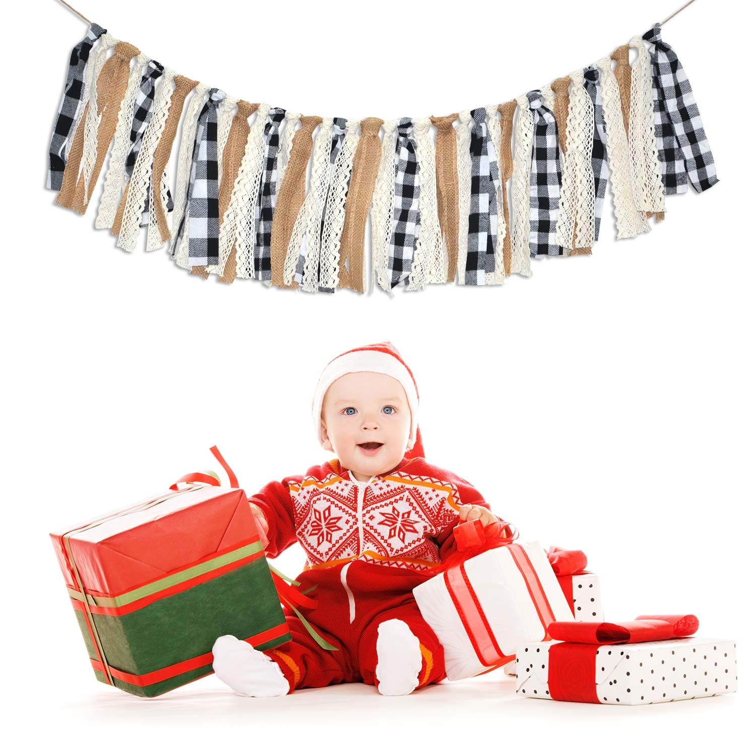 Rainlemon Buffalo Check Plaid Banner Black and White Gingham Fall Winter Christmas Mantle Fireplace Garland Decoration