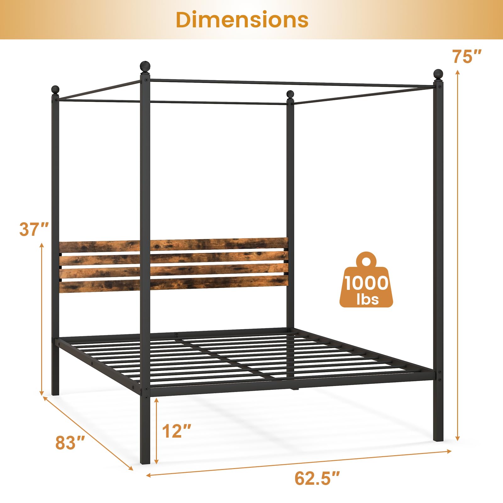 Giantex Metal Canopy Bed Frame Queen Size, 4-Poster Platform Bed with Industrial Headboard and Under Bed Storage, Heavy-Duty Mattress Foundation No Box Spring Needed, Easy Assembly, Black