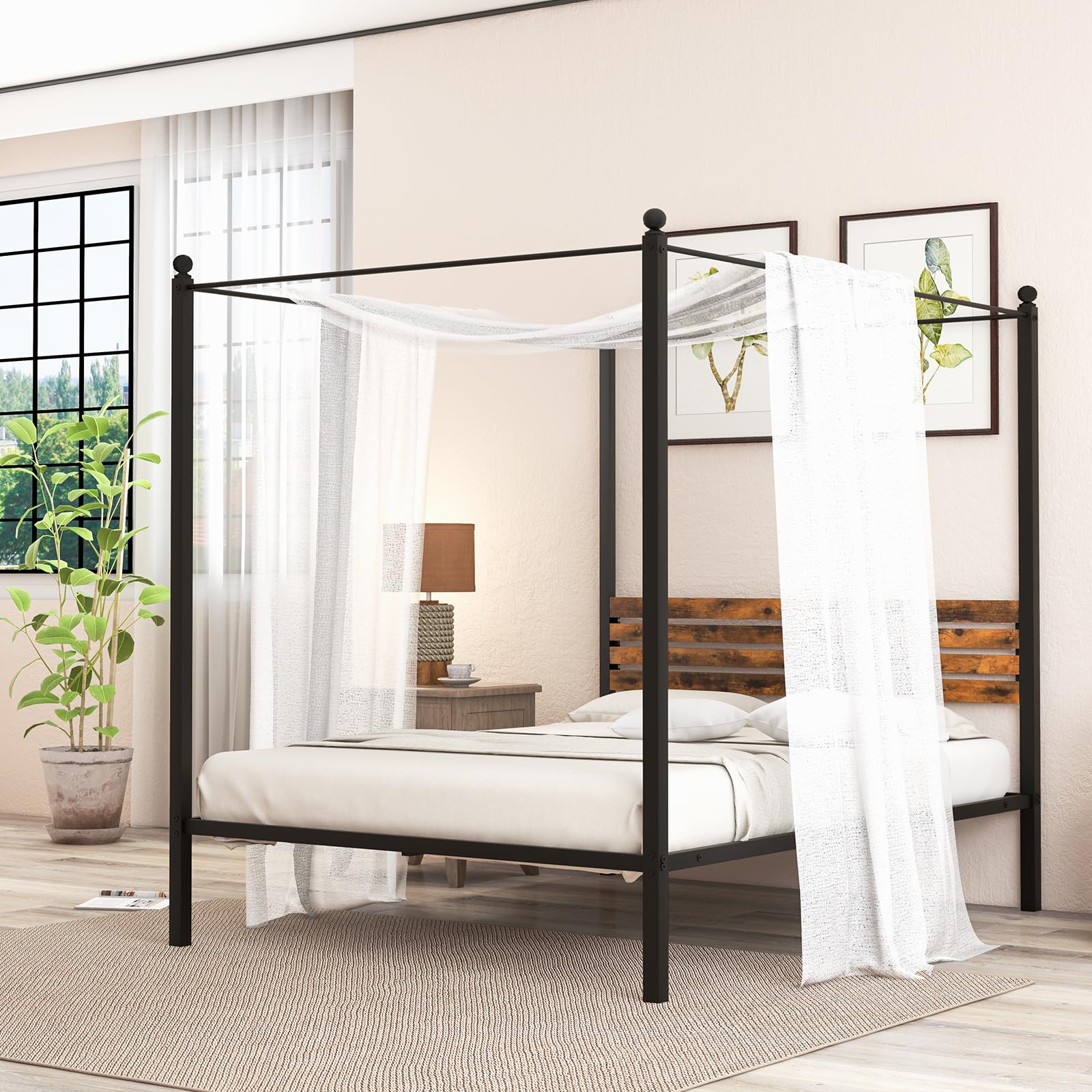 Giantex Metal Canopy Bed Frame Queen Size, 4-Poster Platform Bed with Industrial Headboard and Under Bed Storage, Heavy-Duty Mattress Foundation No Box Spring Needed, Easy Assembly, Black
